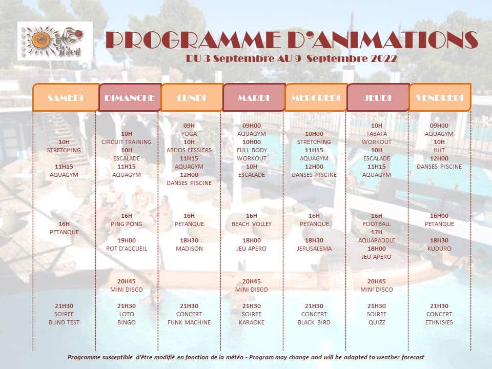 Programme d'animations sportives - Camping Le Soleil